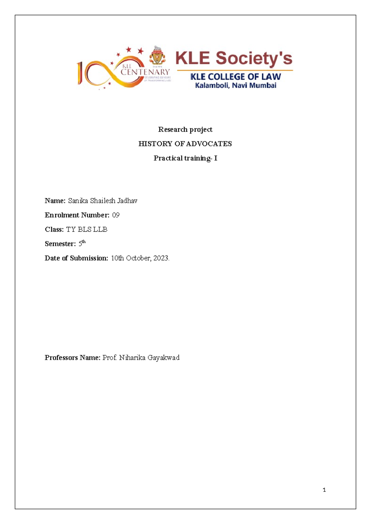 Practile Traning 1 - Research project HISTORY OF ADVOCATES Practical ...