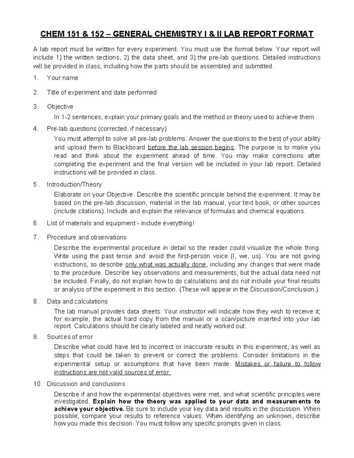 CH151 152 lab report format & checklist fa22 - CHEM 151 & 152 – GENERAL ...