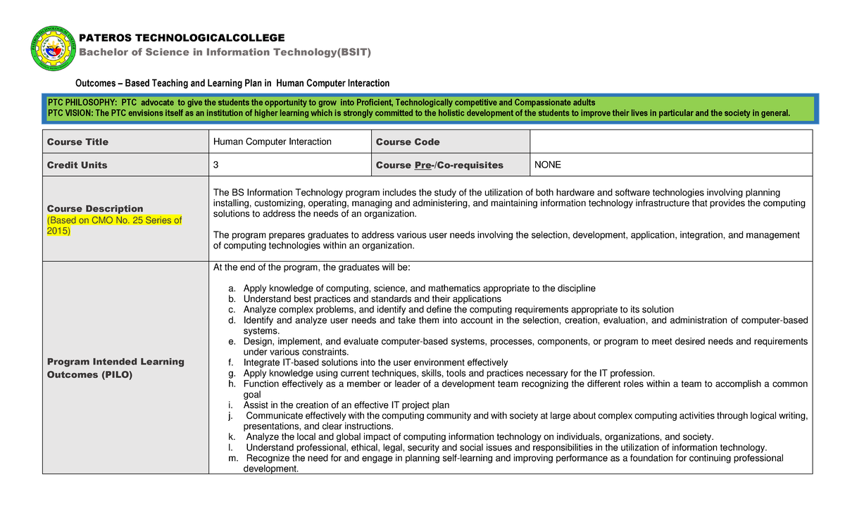 OBTL PLAN Human Computer Interaction - PATEROS TECHNOLOGICALCOLLEGE ...