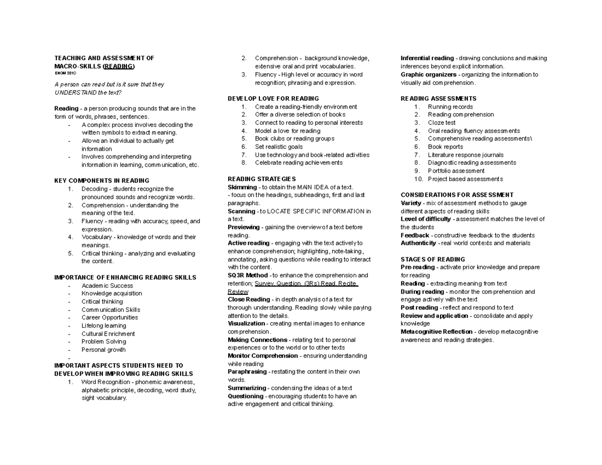 TAMS - Reading - Summary Assessment of macroskills - TEACHING AND ...