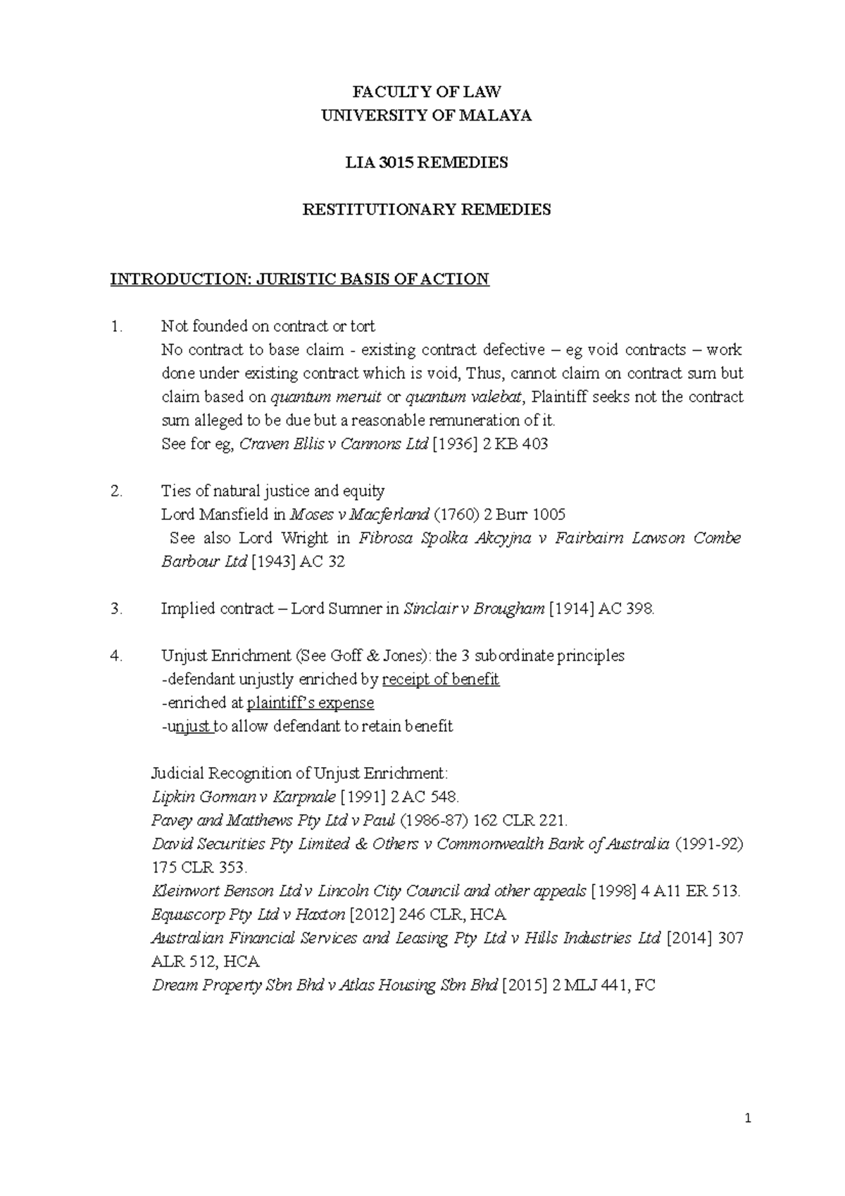 Restitution.outline 20 21 - FACULTY OF LAW UNIVERSITY OF MALAYA LIA ...