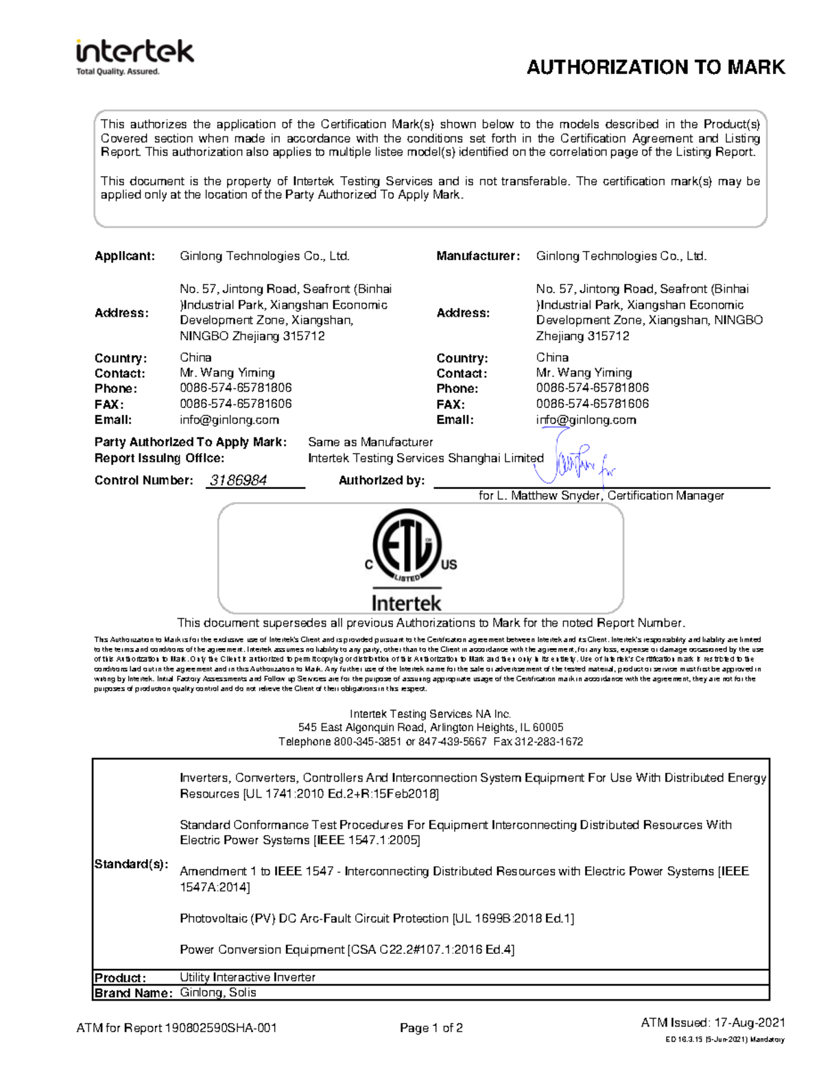 Solis certificate IEEE1547 UL1741 CSA C22,2 S5-GR3P(5-20)K-HV S5-GR3P(5-10)K-LV MEX V01(ATM ...