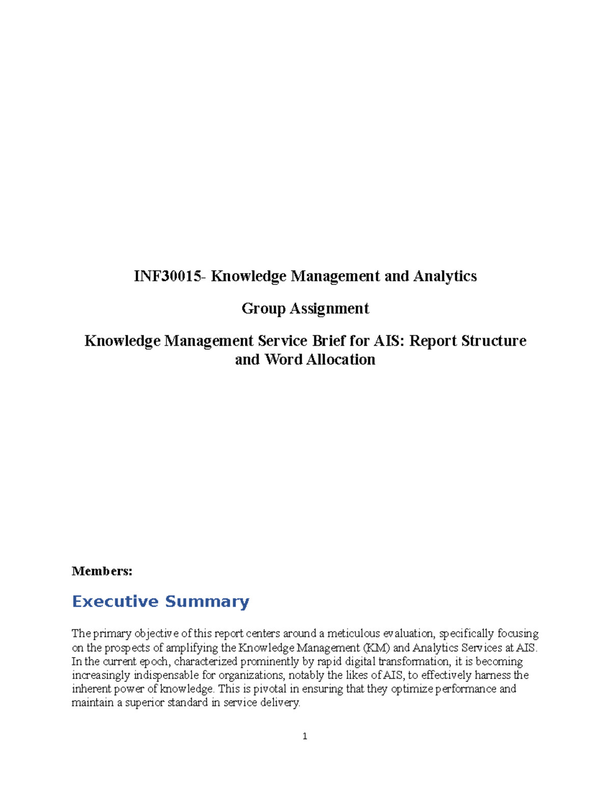 Knowledge Management Service Brief for AIS - INF30015- Knowledge Management and Analytics Group ...