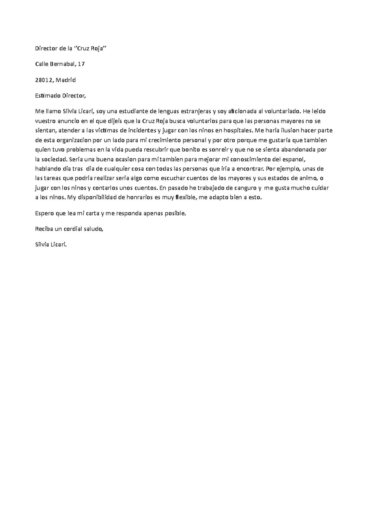 Carta AL Director - Mi ejercicio de B2. - Director de la ‘’Cruz Roja ...