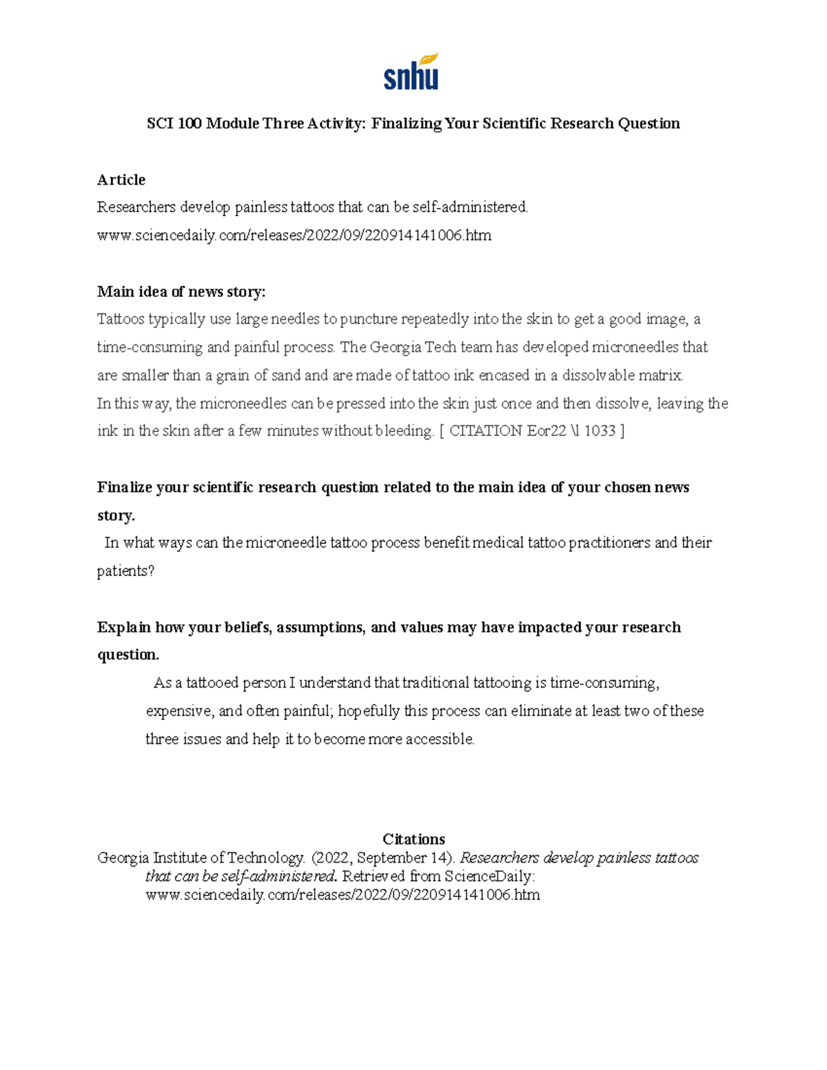 SCI100 Module Three Activity - sciencedaily/releases/2022/09 ...