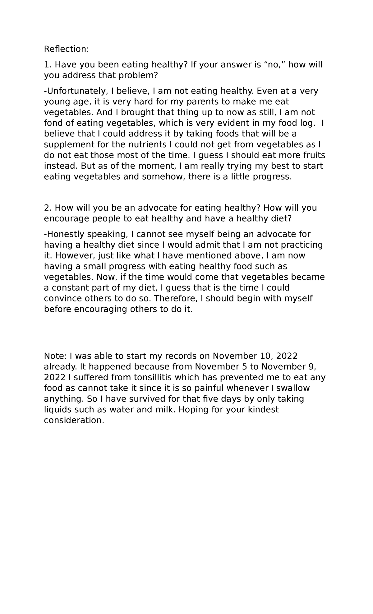 Food log - PATHFIT. - Reflection: Have you been eating healthy? If your ...