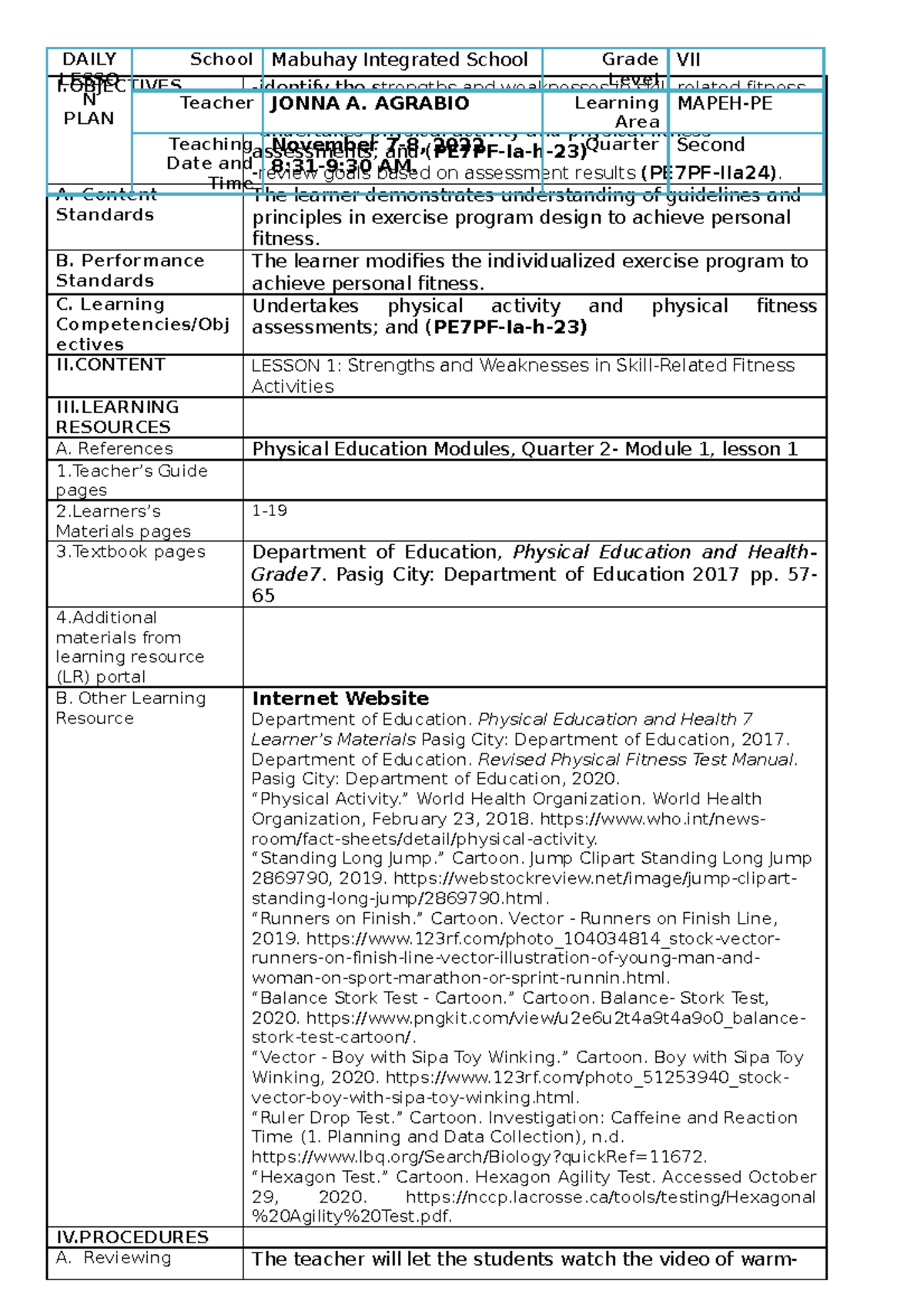Jonna Grade 7 1st-DLP( Mapeh-PE) - I -identify the strengths and ...