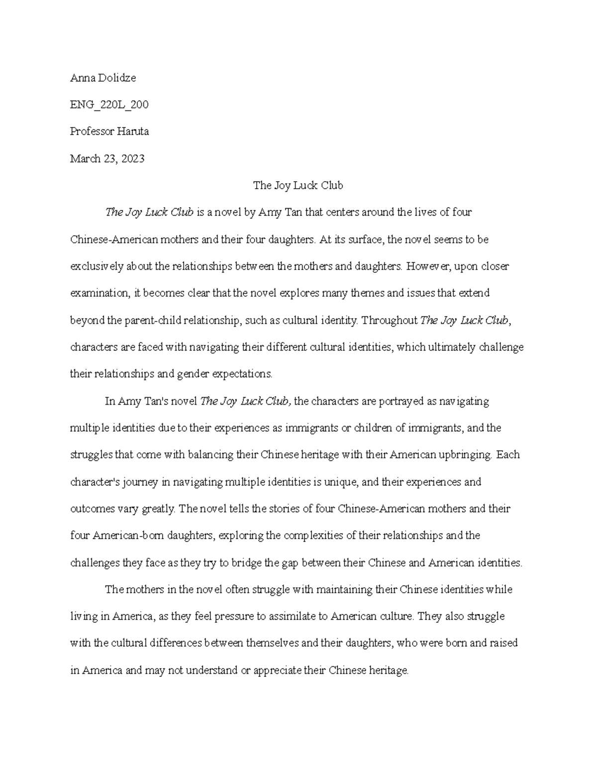 The Joy Luck Club - Write a coherent essay that addresses this question ...