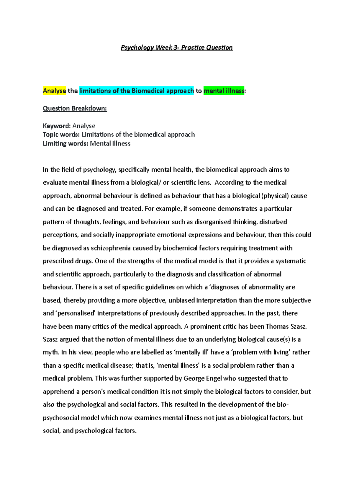 Week 3 practice question - Psychology Week 3- Practice Question Analyse ...