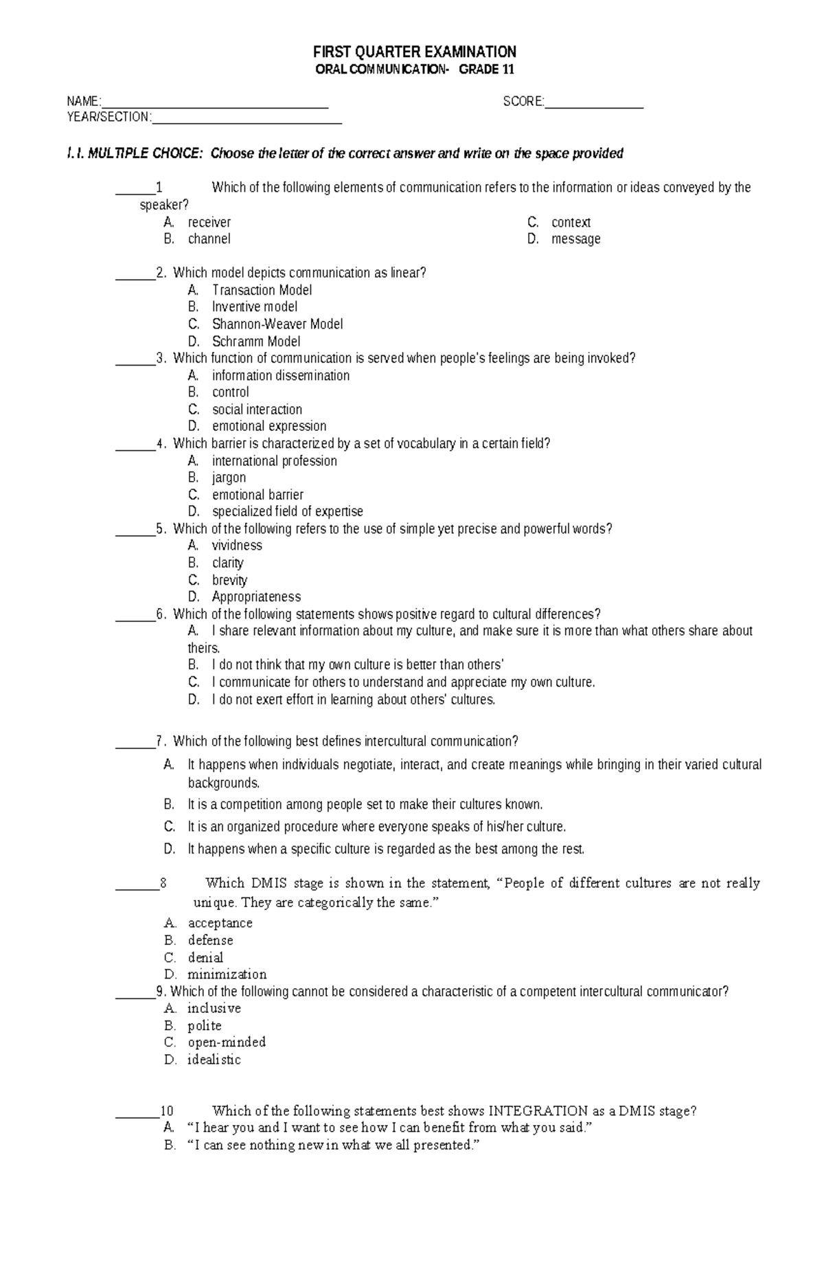 1ST o RAL c OM - NON Verbal - FIRST QUARTER EXAMINATION ORAL ...