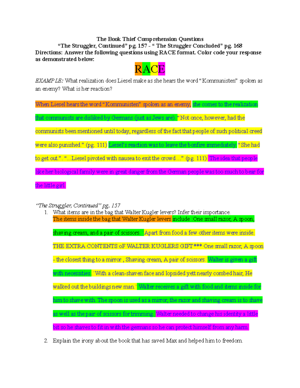 Copy of The Book Thief Comprehension Questions “The Struggler ...