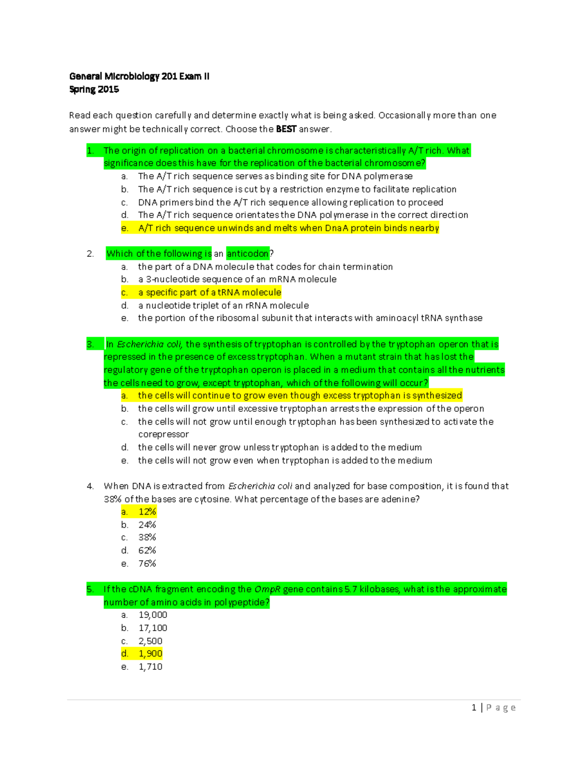 2 Spring 2015 Answers - Past - General Microbiology 201 Exam II Spring ...