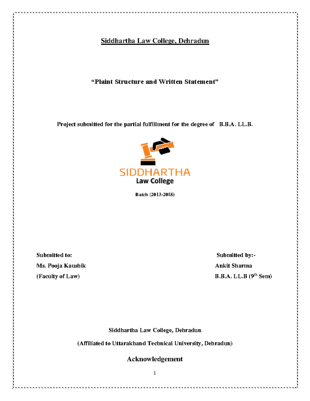 Pdfcoffee - Summary interpretation of statute - Siddhartha Law College, Dehradun “Plaint ...