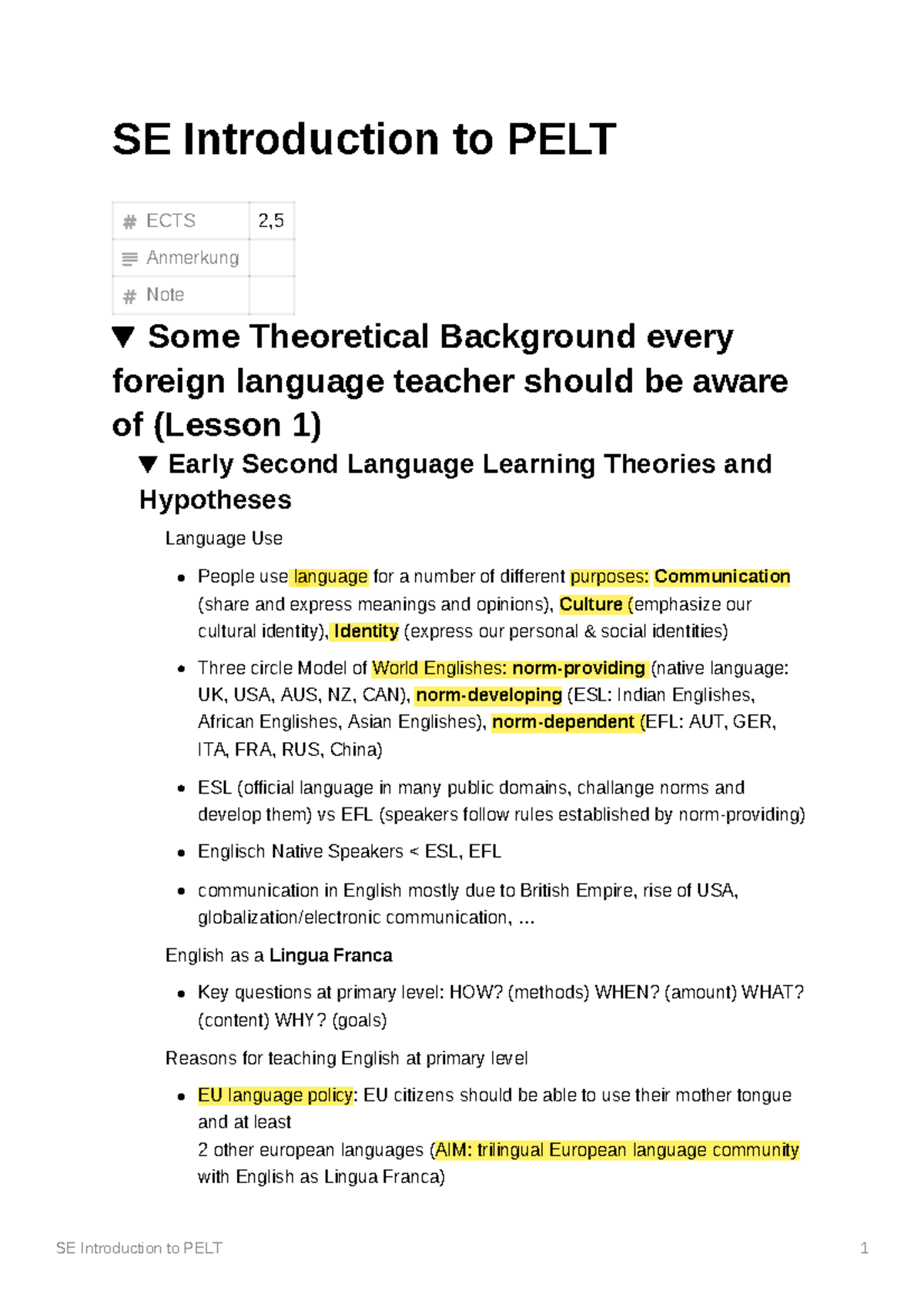 Mitschrift PELT_Wagner - SE Introduction to PELT ECTS 2, Anmerkung Note ...