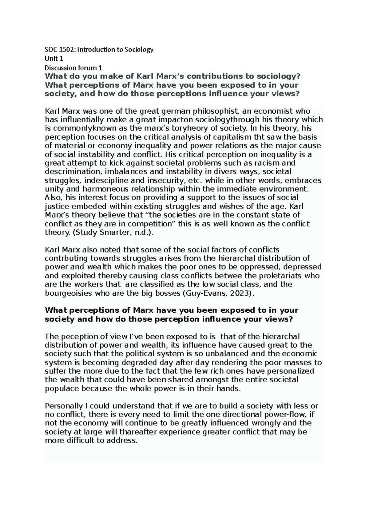 SOC 1502 Discussion Forum Unit 1 - SOC 1502: Introduction to Sociology ...