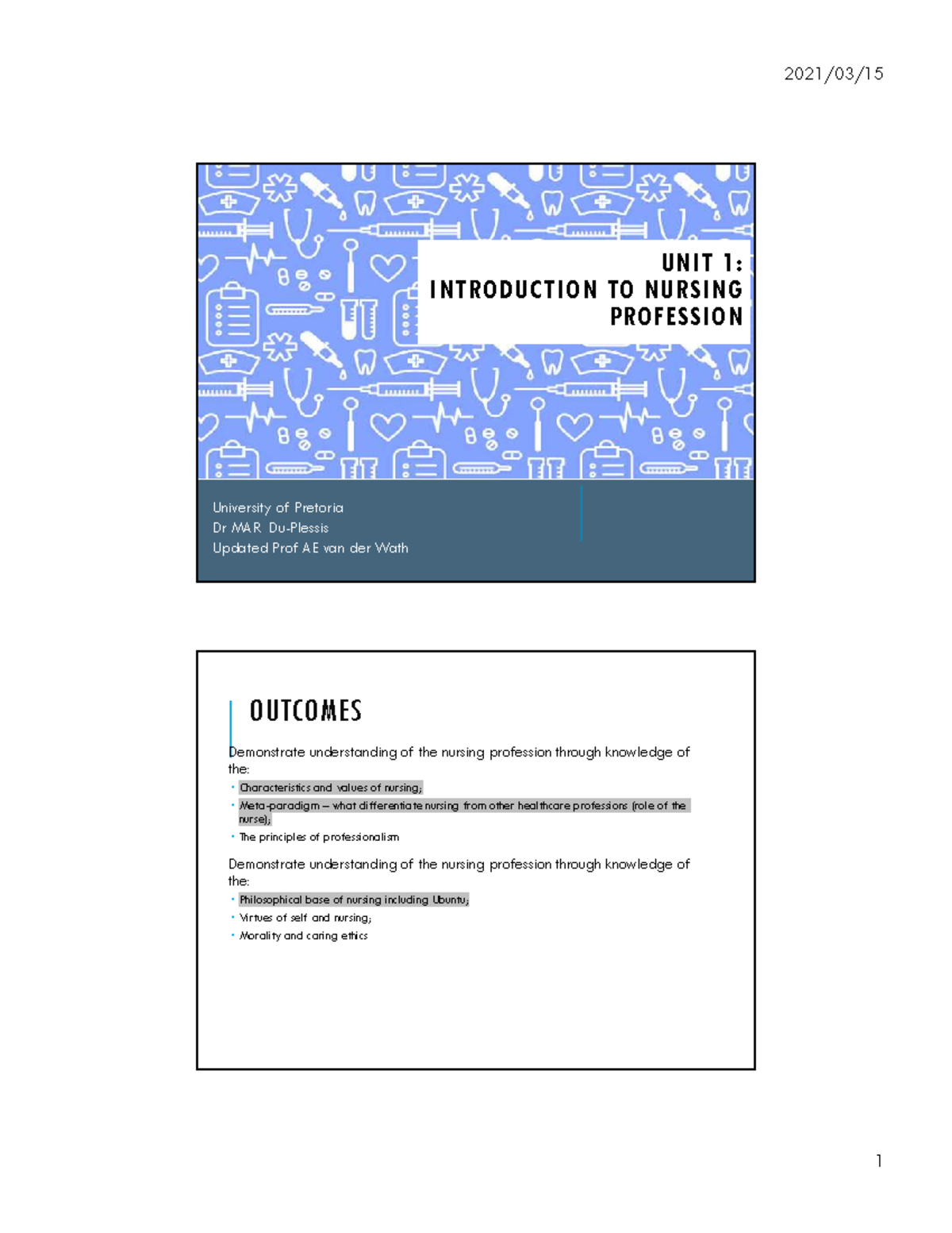 Unit 1 Nursing characteristics and philosophy - UNIT 1: INTRODUCTION TO NURSING PROFESSION - Studocu