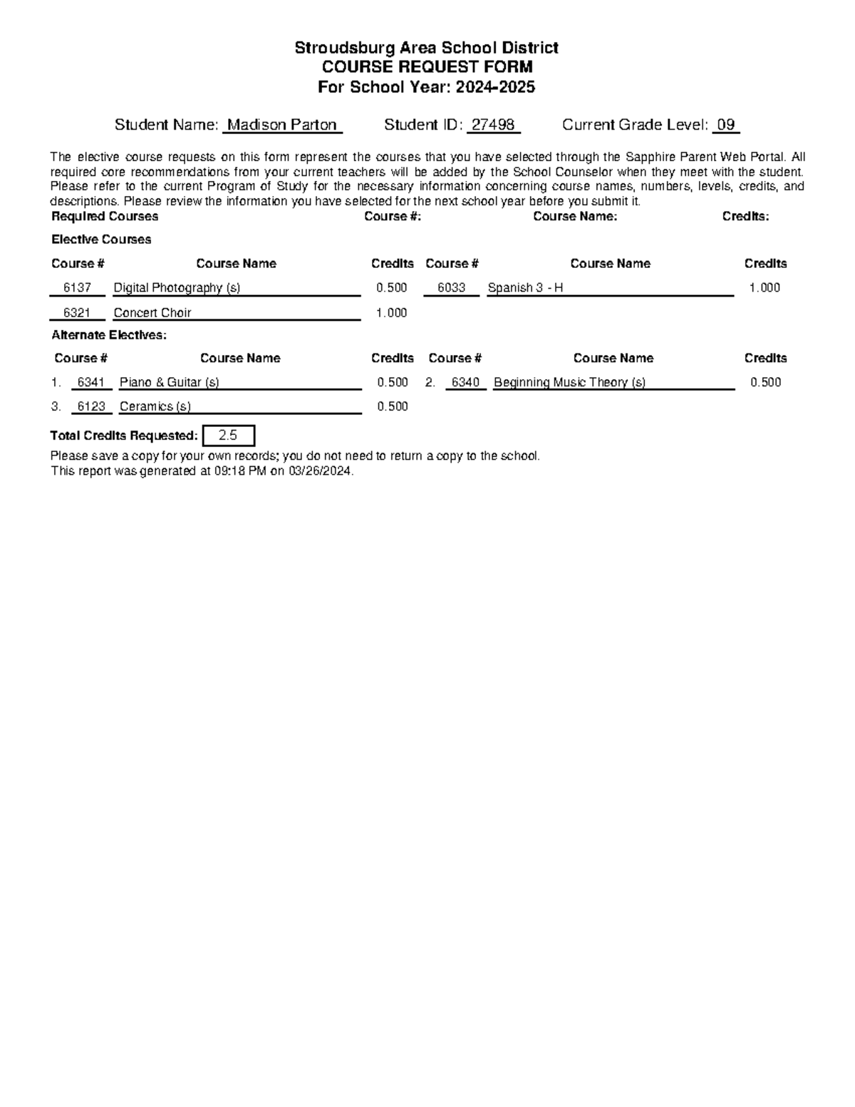 Course Request Form - Music for chorale - Stroudsburg Area School ...