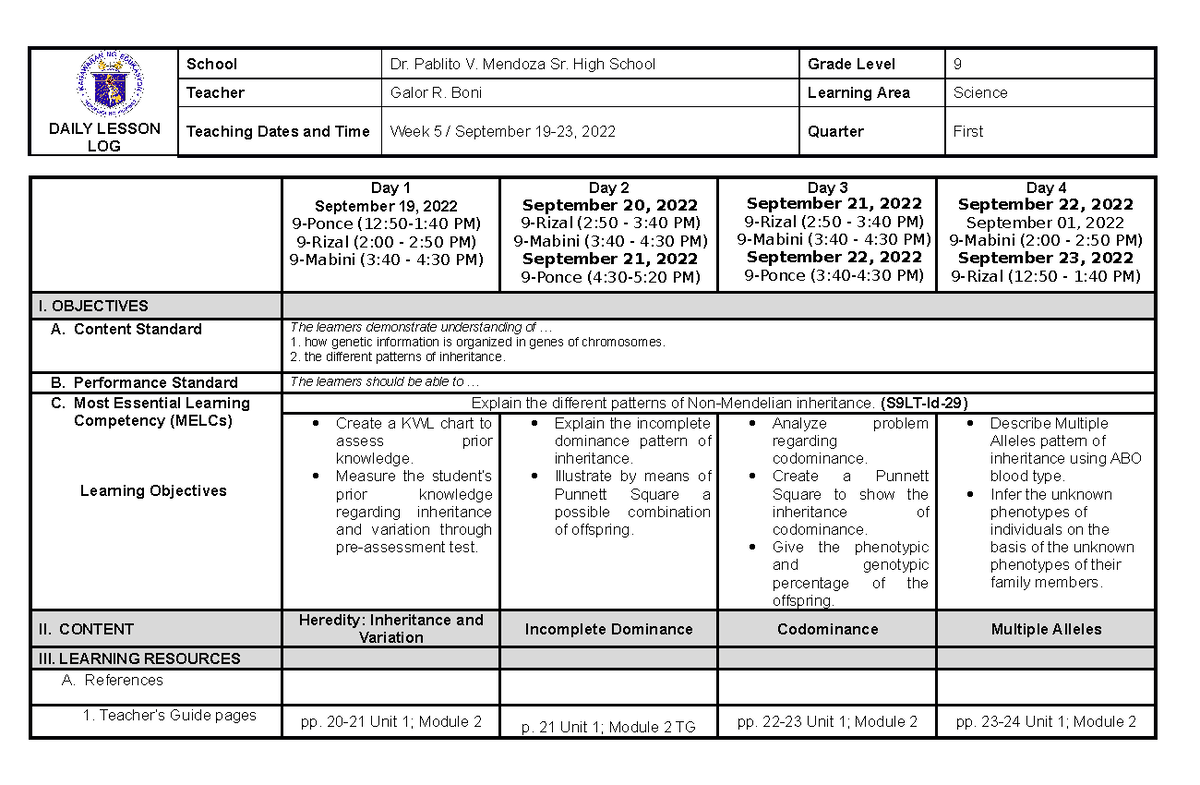DLL Science 9 W5 - DAILY LESSON LOG School Dr. Pablito V. Mendoza Sr ...