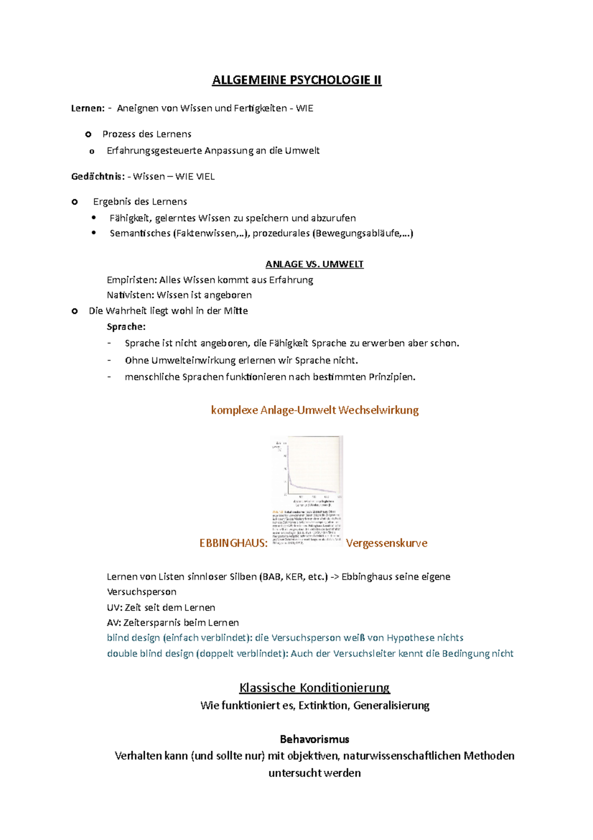 ZSF Allgemeine Psychologie II - ALLGEMEINE PSYCHOLOGIE II Lernen: - Aneignen von Wissen und ...