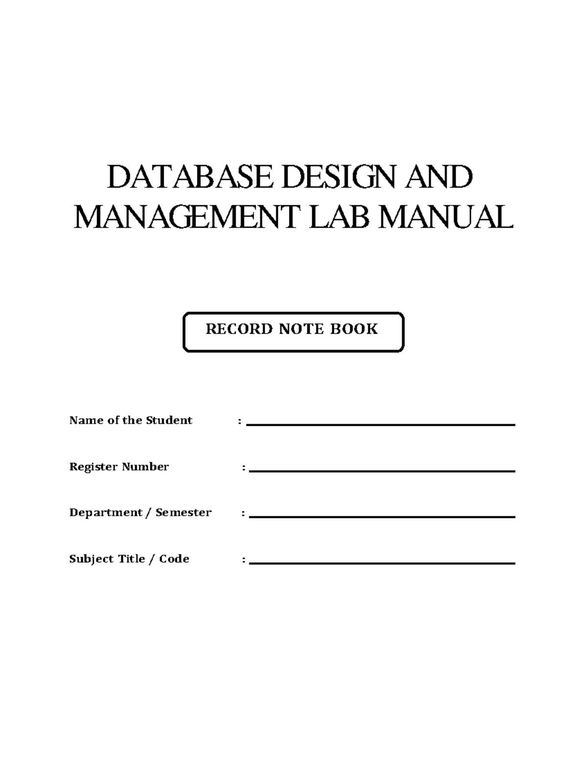 DDmlabdw - Lab - RECORD NOTE BOOK Name of the Student : Register Number ...