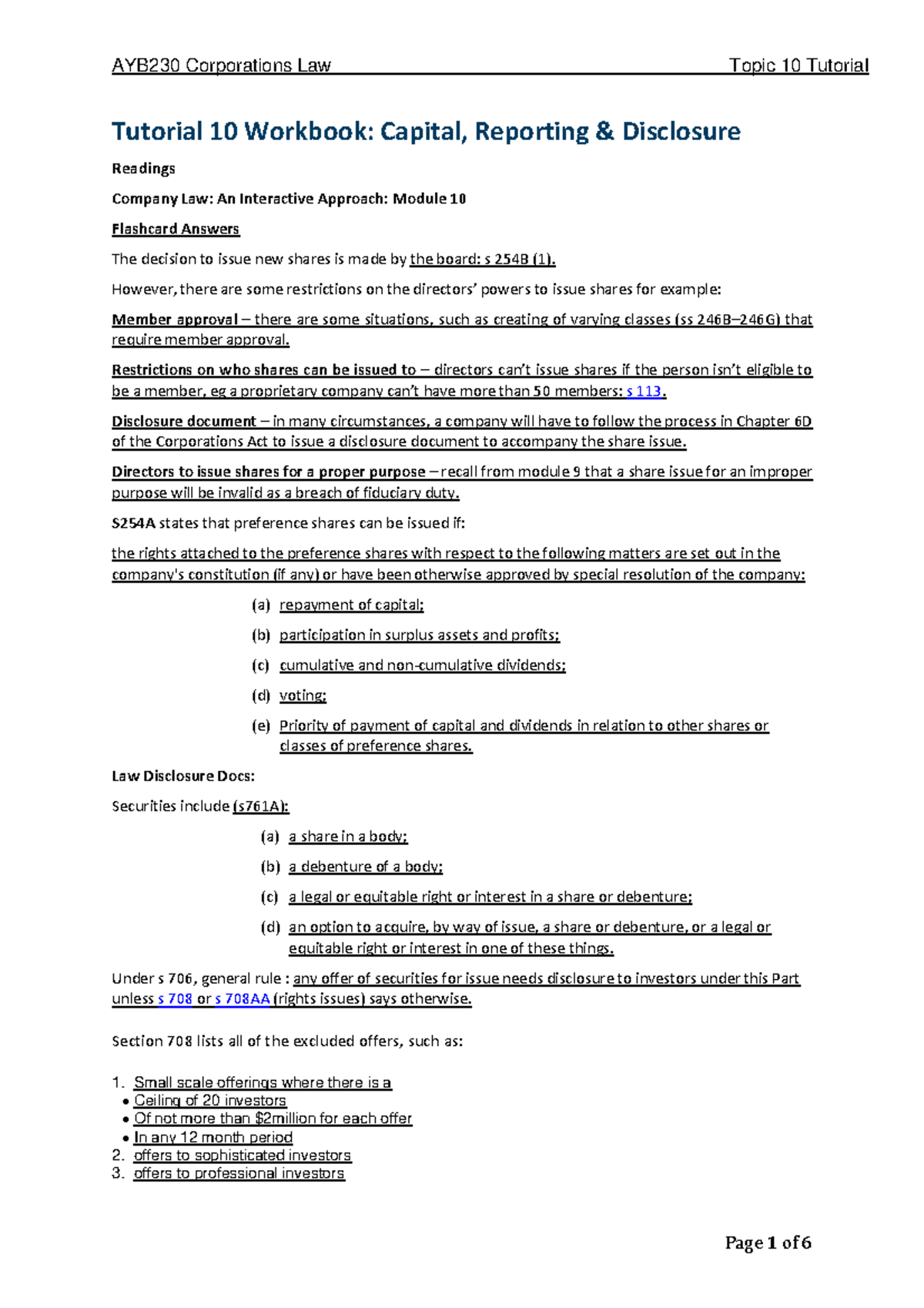 Corporations Law: Capital Reporting Disclosure and Share Issuance - Studocu