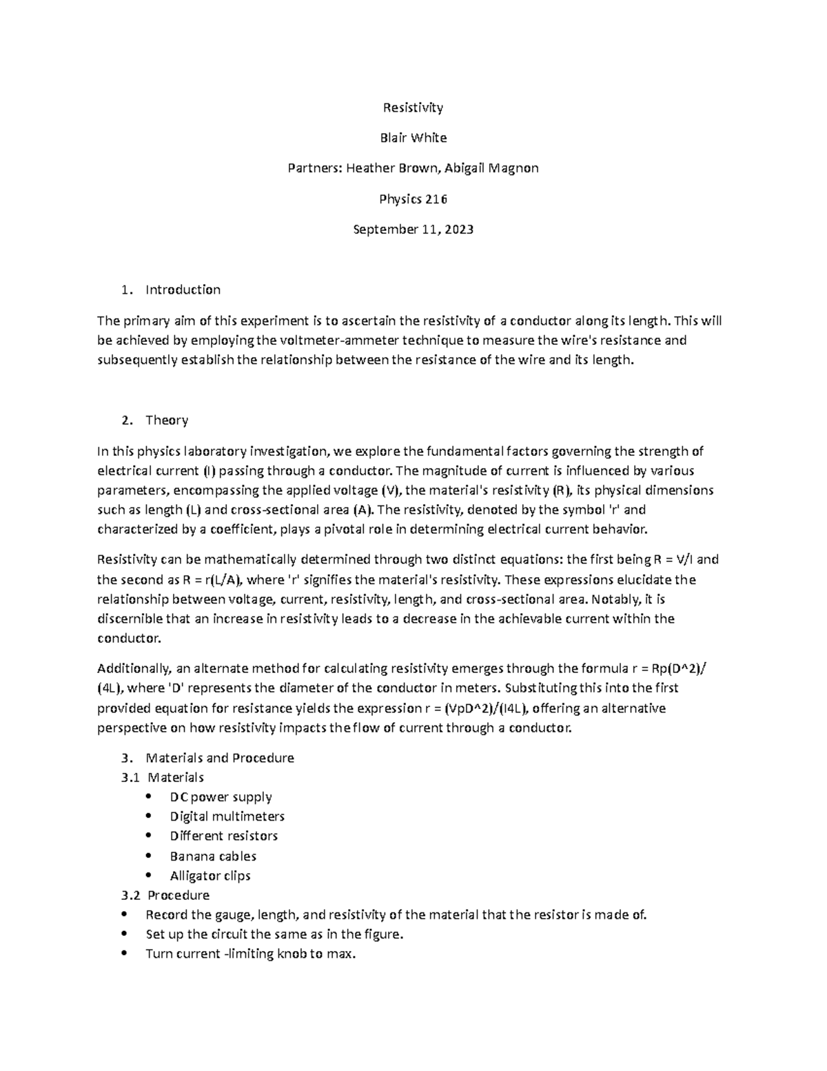 Resistovity physics lab #2 - Resistivity Blair White Partners: Heather ...
