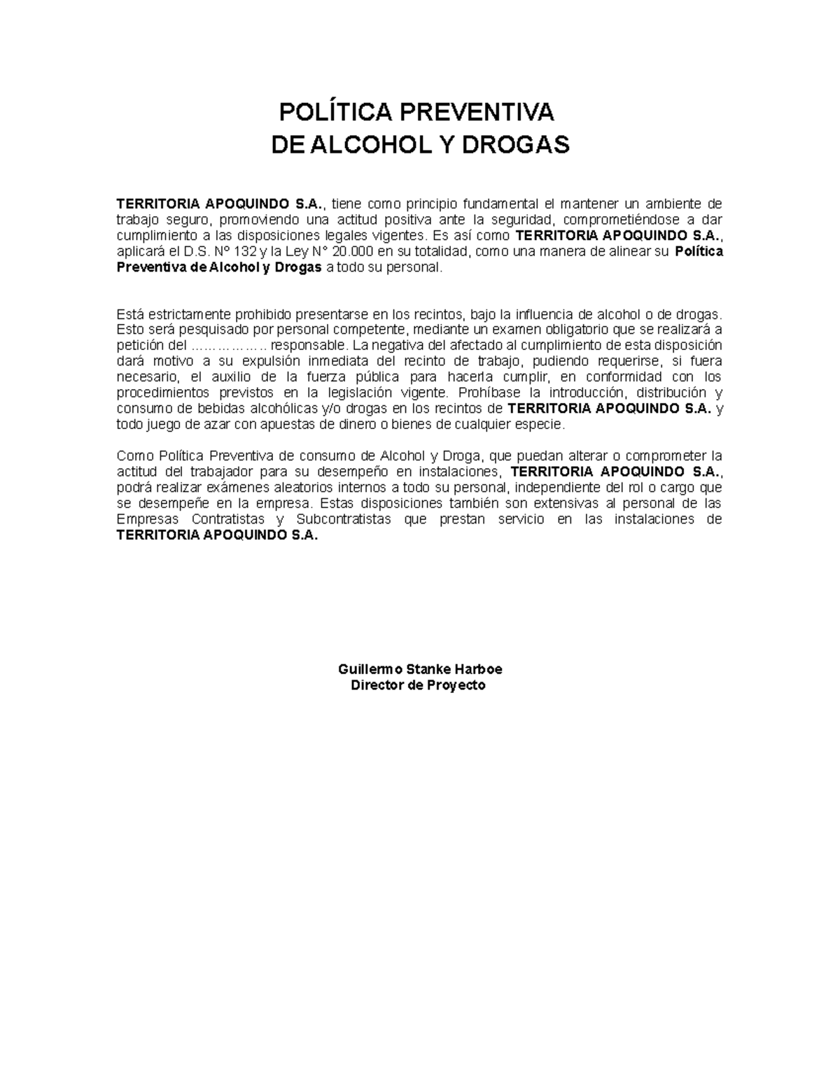 Modelo Politica DE Alcohol Y Drogas ( Inconcluso) - POLÍTICA PREVENTIVA ...