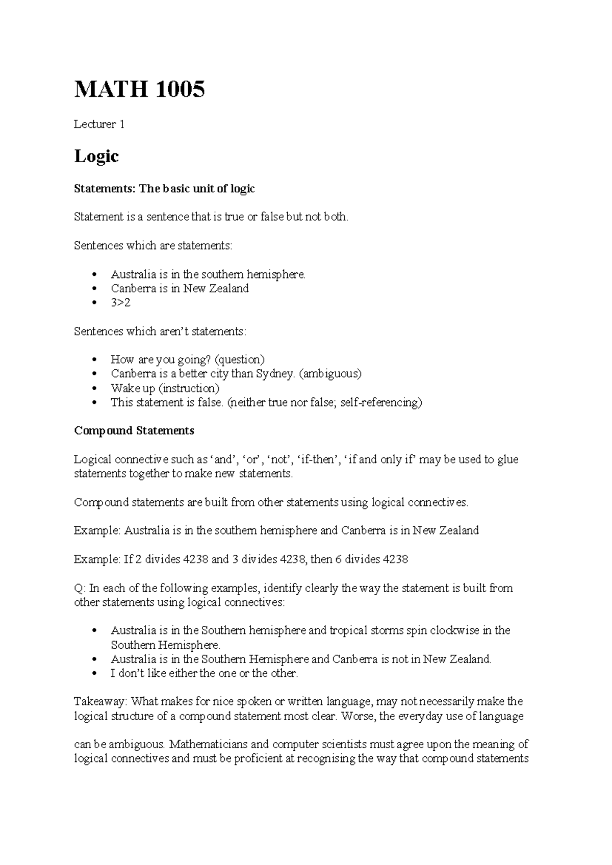 Math 1005 Lecture Notes - MATH 1005 Lecturer 1 Logic Statements: The ...