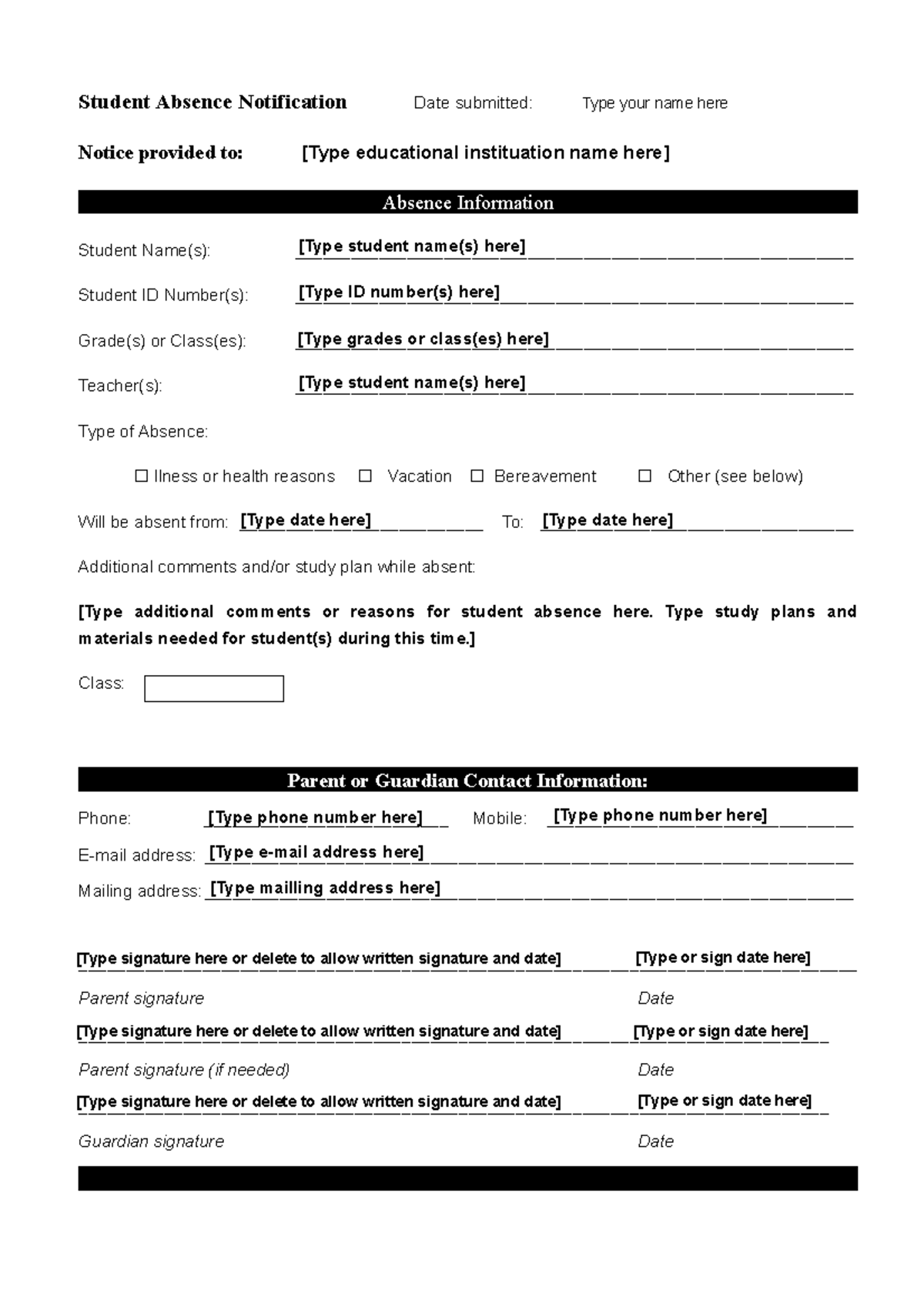 Student-Absense-Notification - Student Absence Notification Date ...