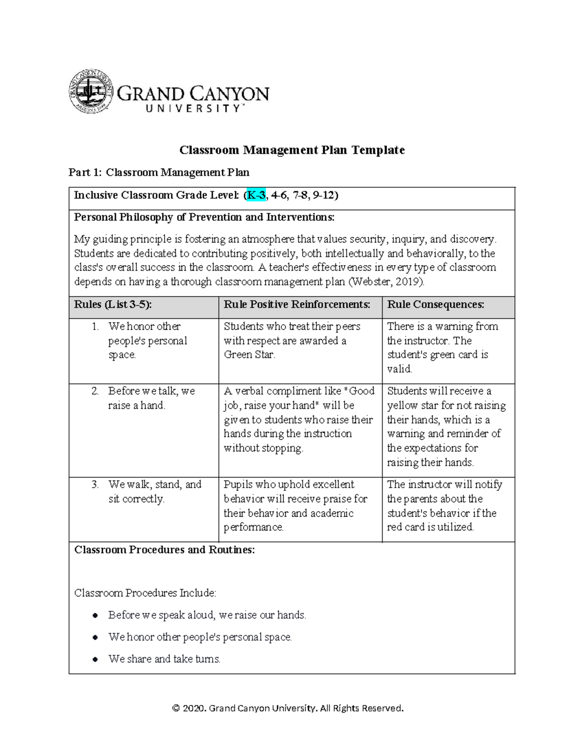ESD 550 Benchmark - Classroom Management Plan and Behavior Change Plan ...