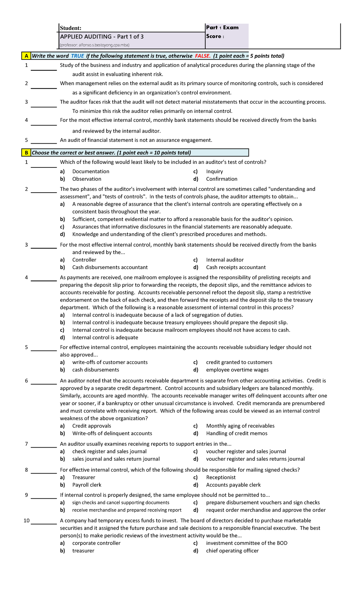 Audit Concepts 1 Part1- Finals - Student: Part 1 Exam APPLIED AUDITING ...