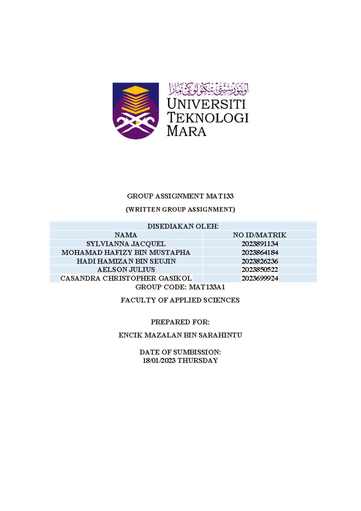 MAT133 Assignment written - Pre Calculus - GROUP ASSIGNMENT MAT (WRITTEN GROUP ASSIGNMENT) - Studocu