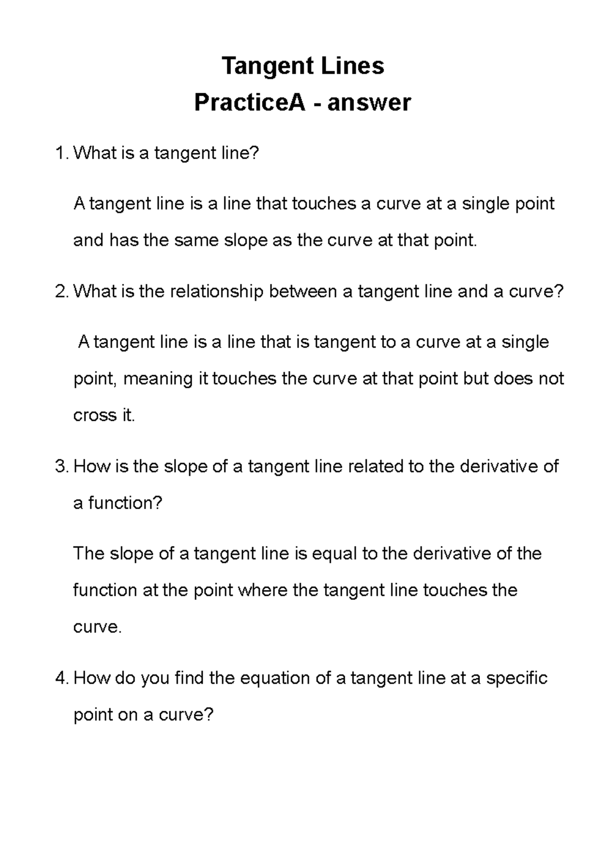 Tangent Lines Practice A - answer - Tangent Lines PracticeA - answer ...