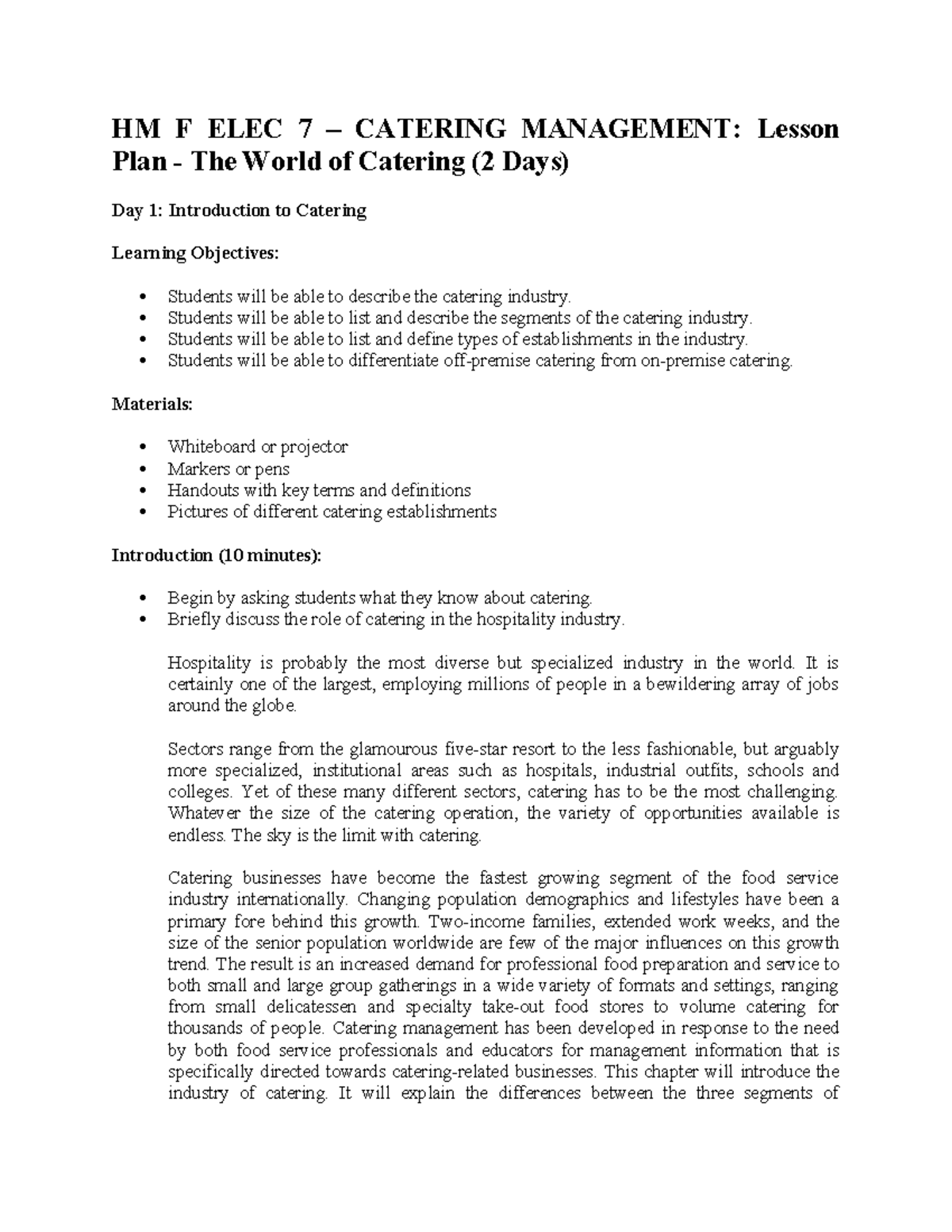 Week 1 lesson F2 - HM F ELEC 7 – CATERING MANAGEMENT: Lesson Plan - The ...