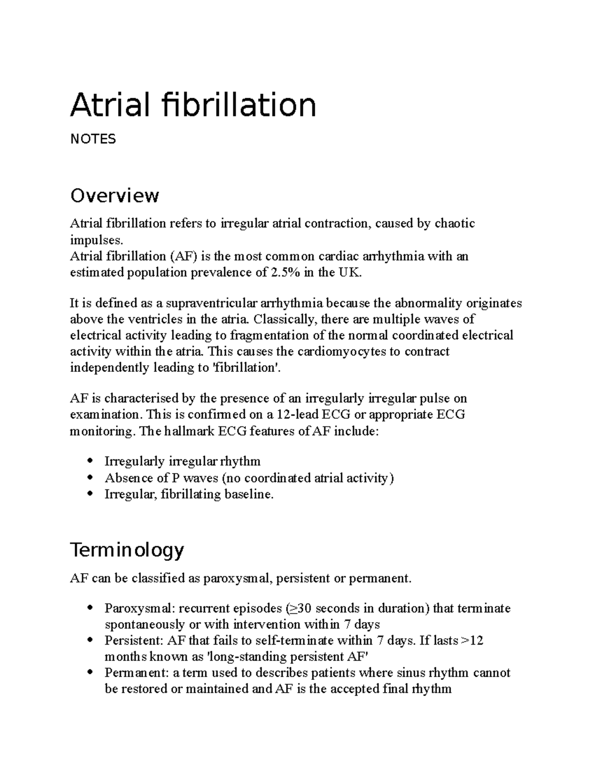 Atrial fibrillation - Lecture notes 1 - Atrial fibrillation NOTES ...