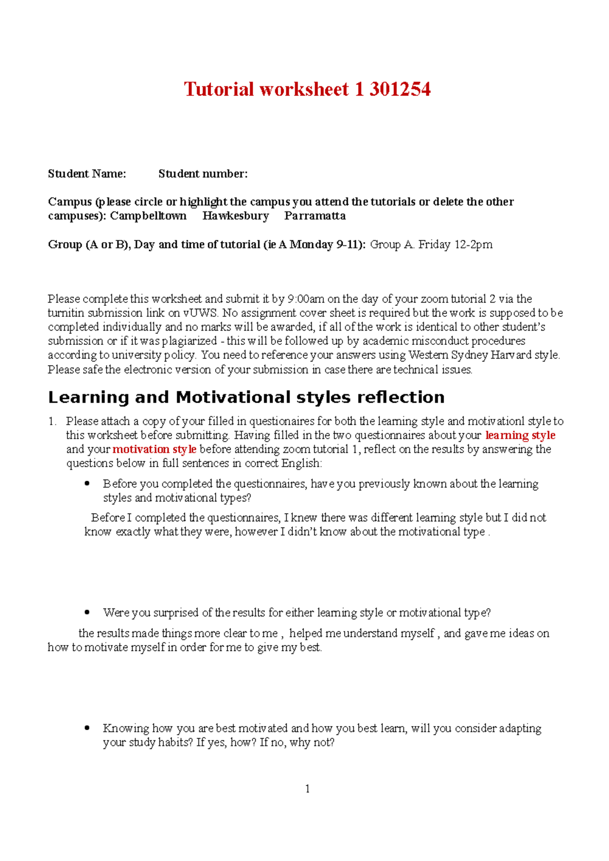 Worksheet 1 - Tutorial worksheet 1 301254 Student Name: Student number ...