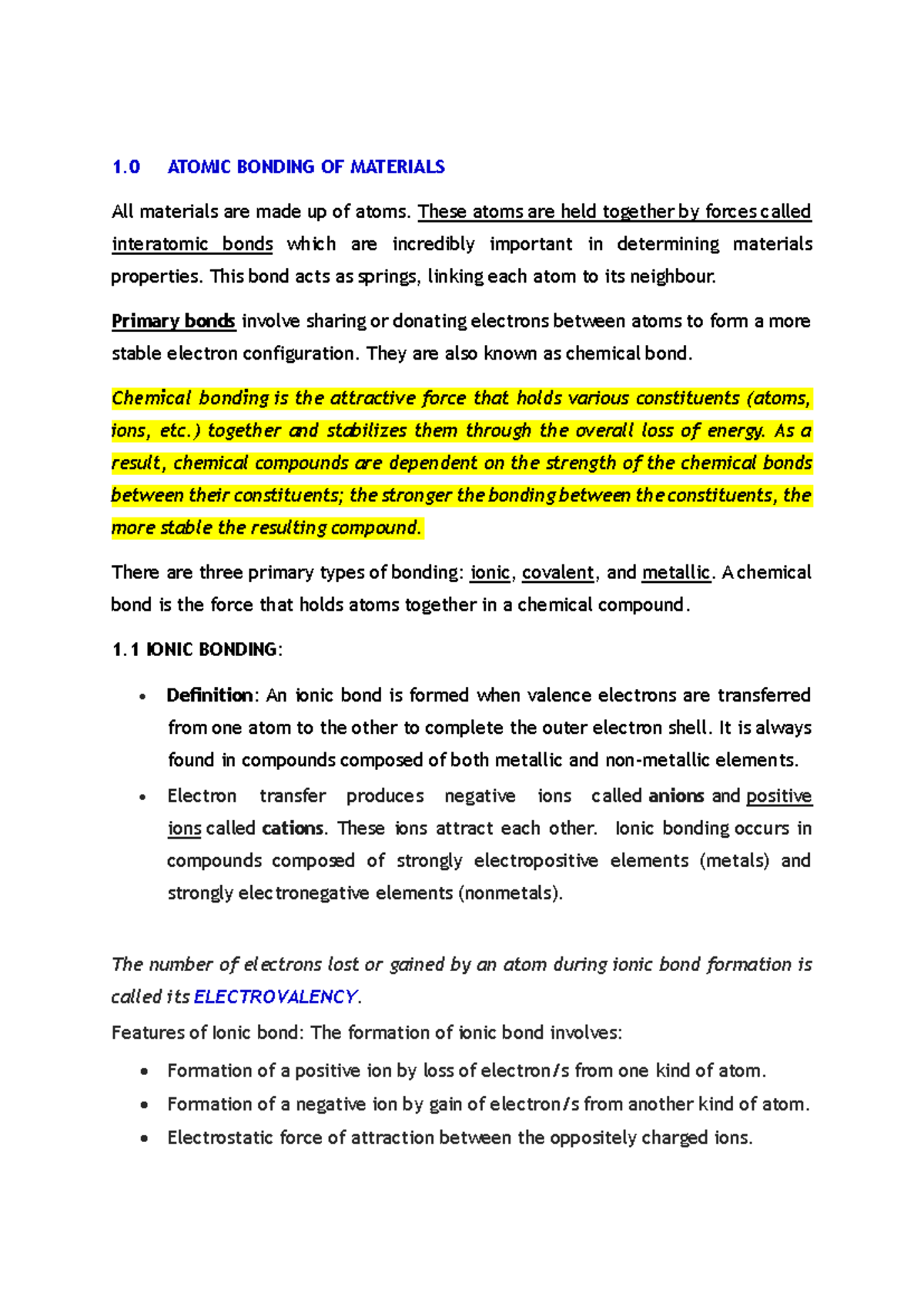 Atomic Bonding-Studentnote - 1 ATOMIC BONDING OF MATERIALS All ...