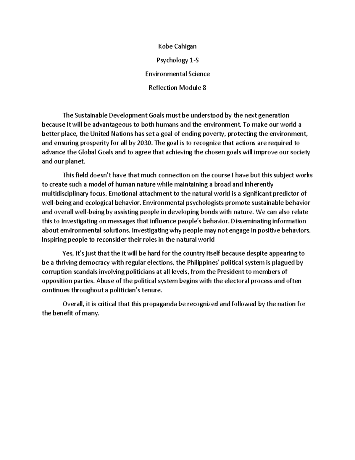 Reflection M 8 - ENVIRONMENTAL SCIENCE TABLE - Kobe Cahigan Psychology ...