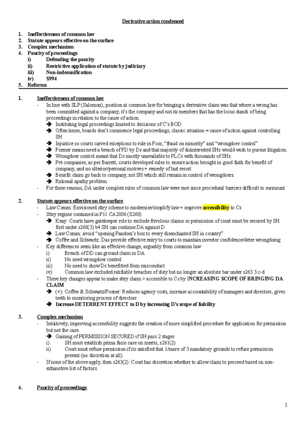DA Final - derivative action essay plan - Derivative action condensed ...
