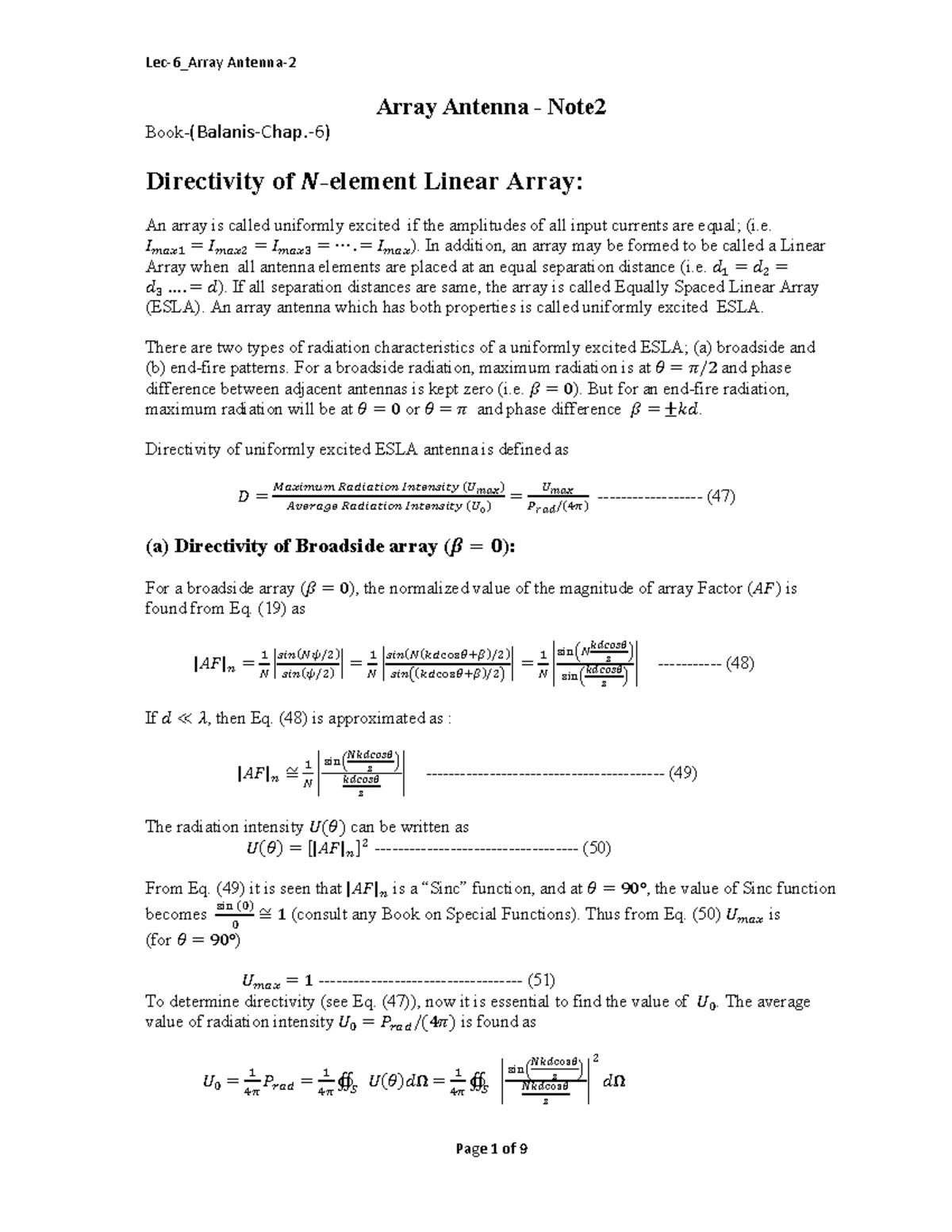 Lec Array-Balanis 2 - pdf - Array Antenna - Note Book-(Balanis-Chap.-6) Directivity of -element ...