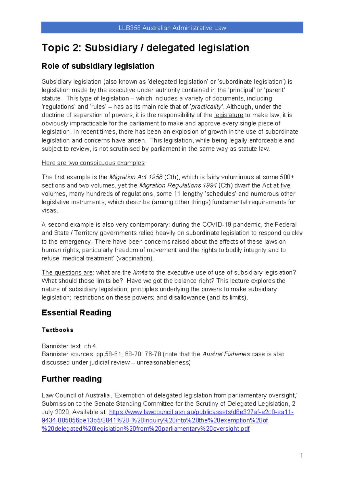 Topic 2 - Delegated Legislation - Topic 2: Subsidiary / delegated ...