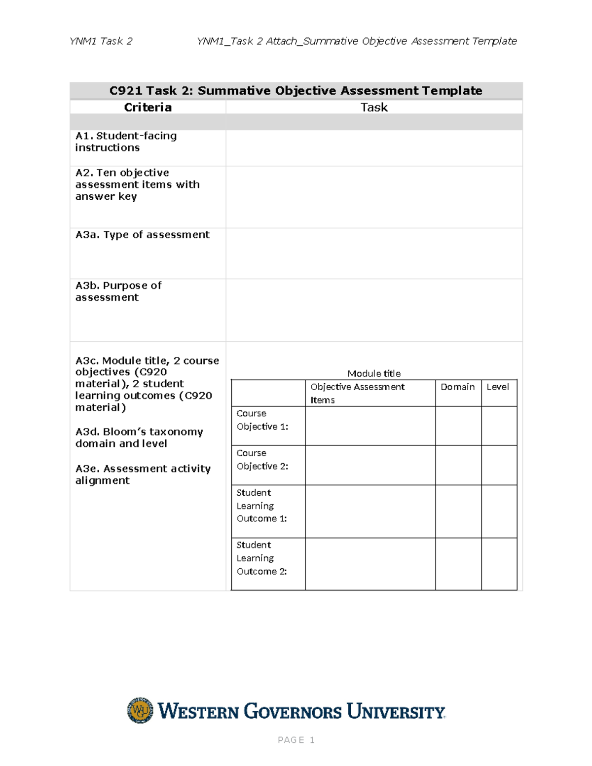 Summative Objective Assessment Template Ynm1 Task 2 Ynm1 Task 2 Attach Summative Objective