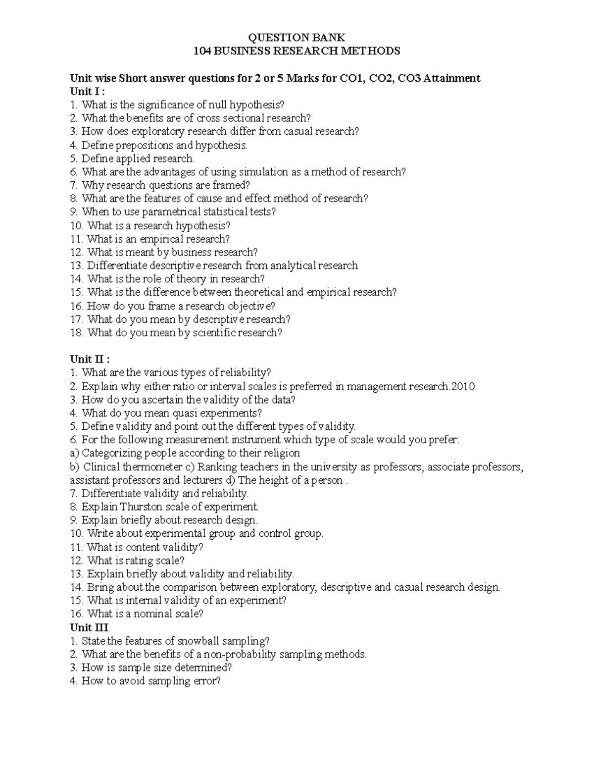 Question BANK BRM - Coursework - QUESTION BANK 104 BUSINESS RESEARCH ...