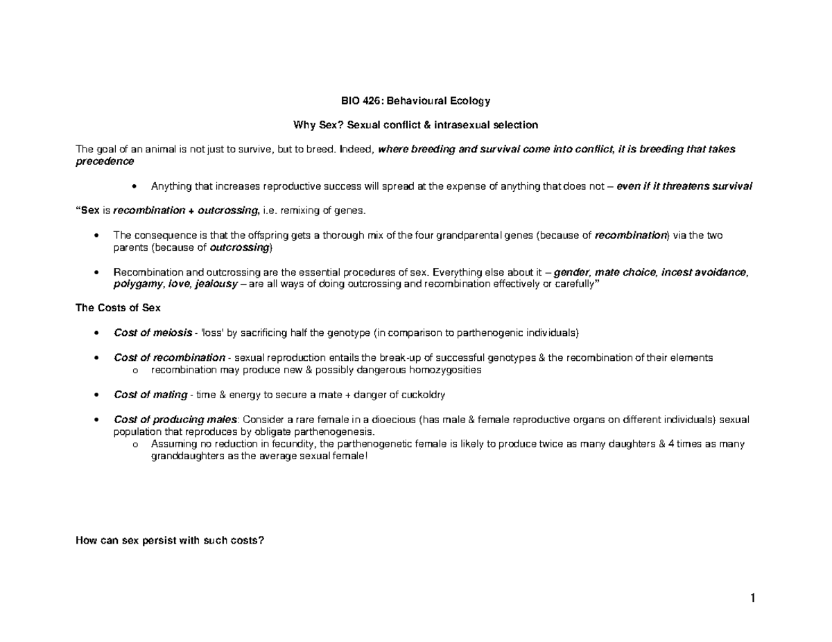 Bio426 Why Sex 1 2023 Why Sex 1 Bio 426 Behavioural Ecology Why