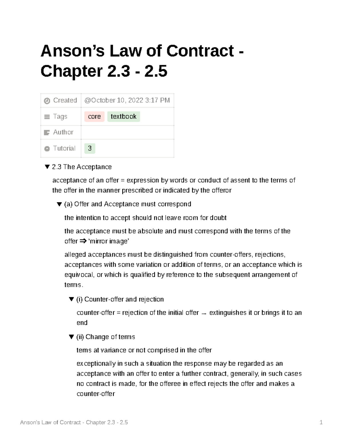 Ansons Law of Contract - Chapter 2 - Created Tags core textbook Author ...