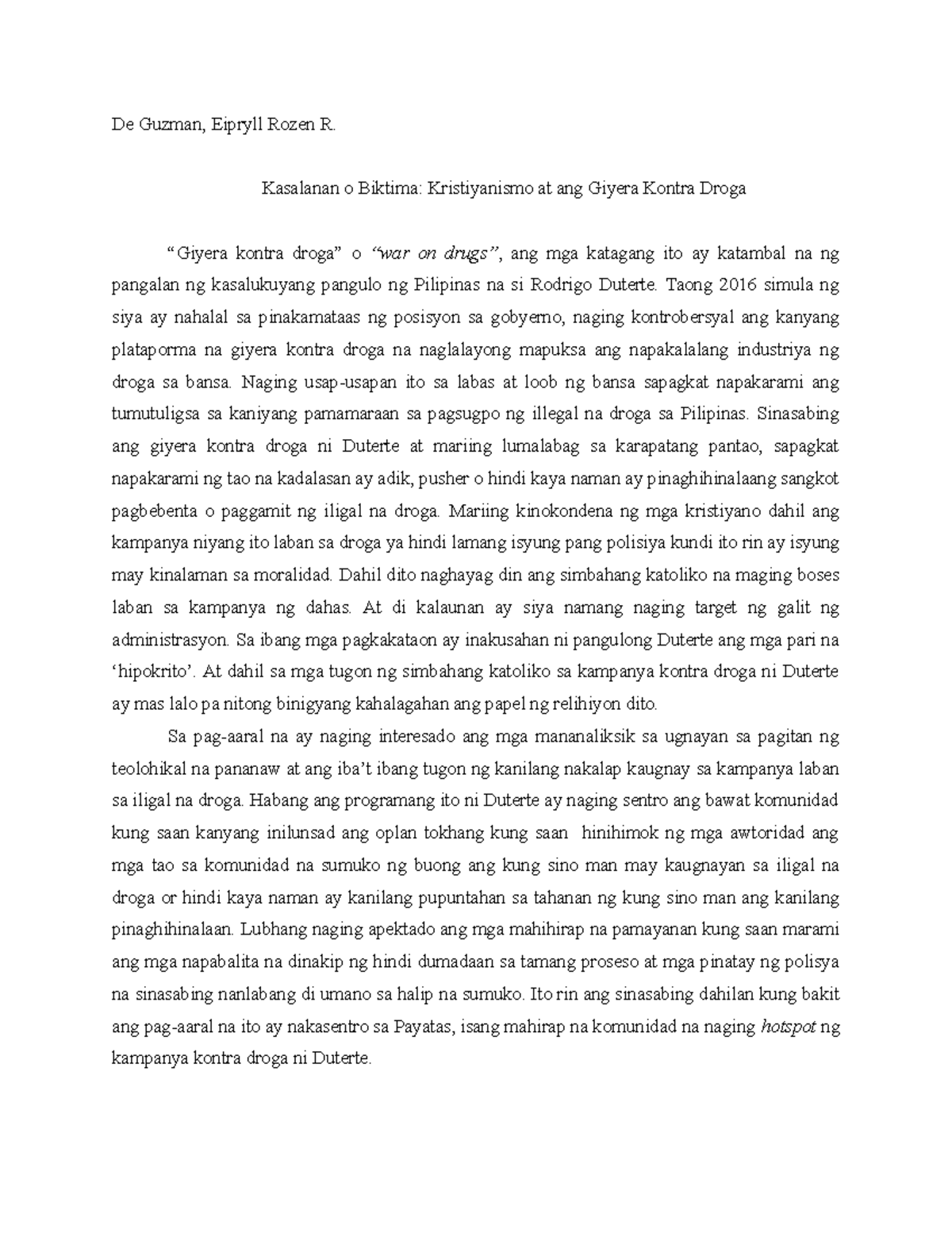 Midterm EXAM - Grade: 1.0 Title: Kasalanan o Biktima: Kristiyanismo at ...