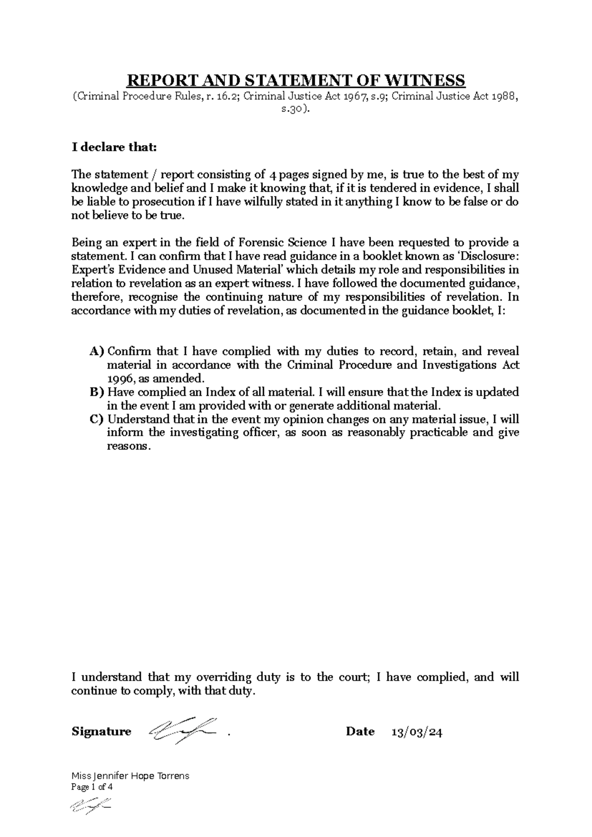 Forensic Science Expert Witness Report - REPORT AND STATEMENT OF ...