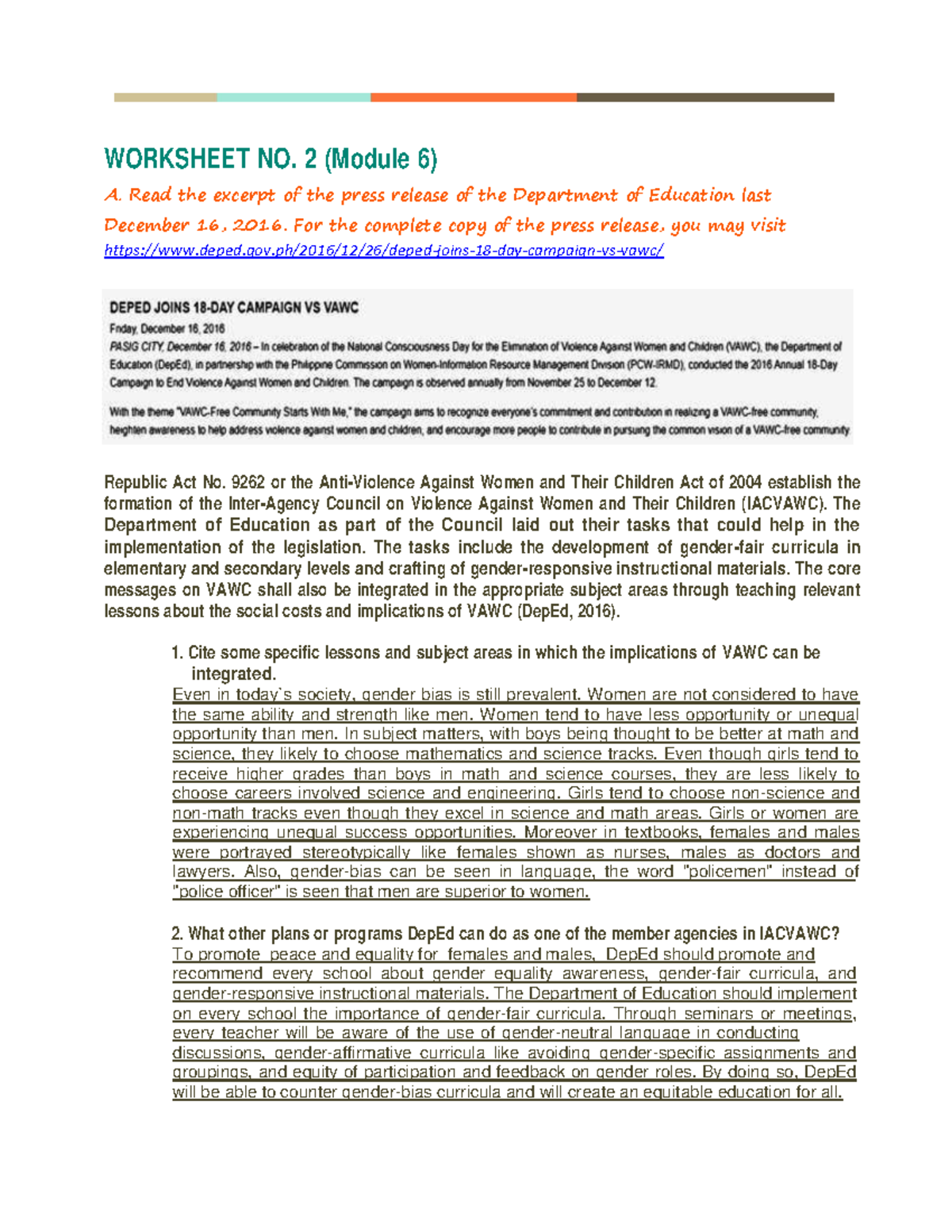 Worksheet 2 (Module 6) - WORKSHEET NO. 2 (Module 6) A. Read the excerpt ...