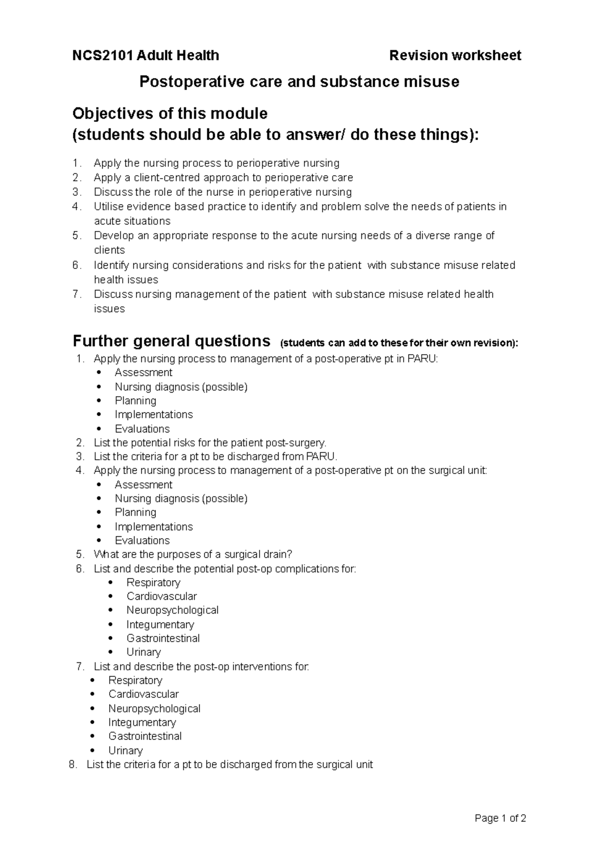 Revision worksheet - Postoperative care and substance misuse - NCS2101 ...