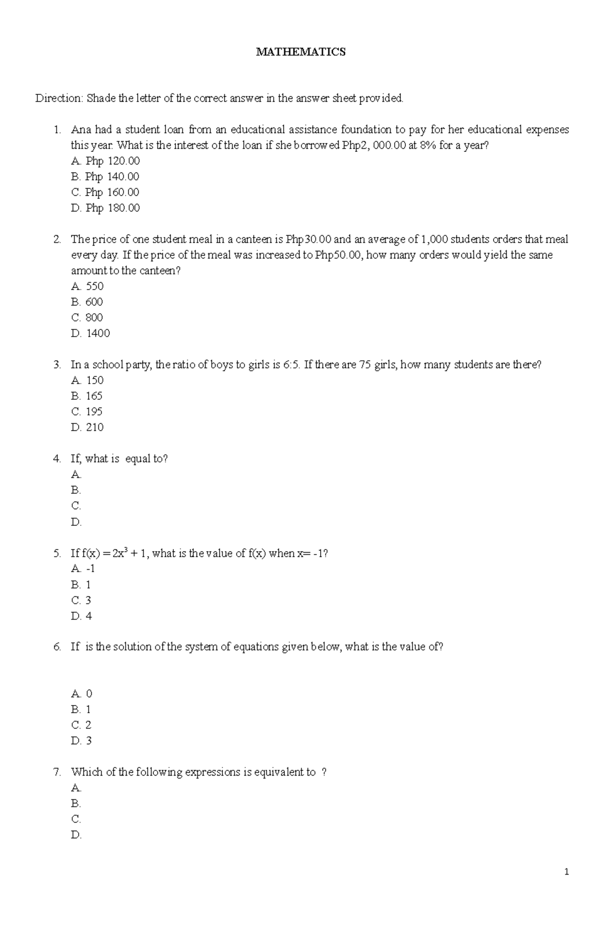Math-1 - Hotdogs - MATHEMATICS Direction: Shade the letter of the ...